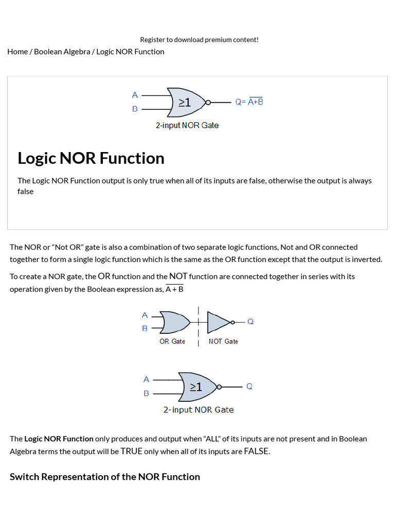Logic NOR Function Used in Digital Logic Gates | PDF
