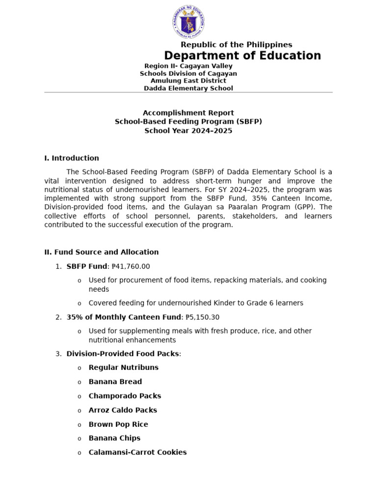 Accomplishment Report SBFP | PDF | Foods