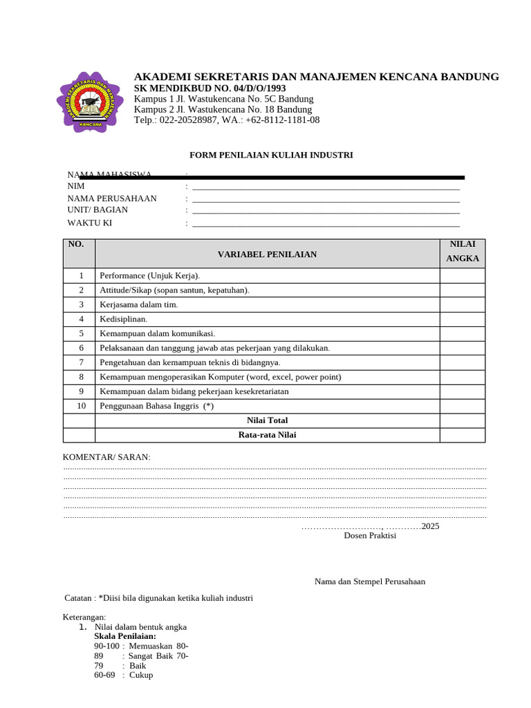 Form Penilaian Kuliah Industri Kencana | PDF