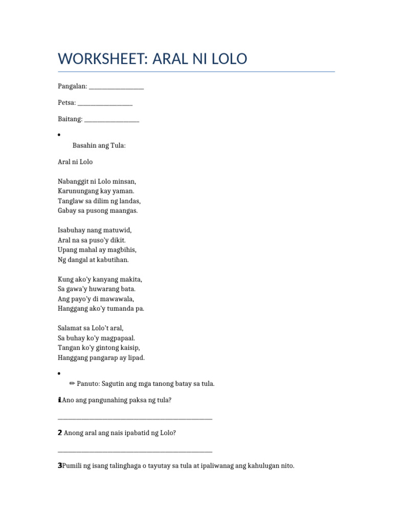 Worksheet Aral Ni Lolo | PDF