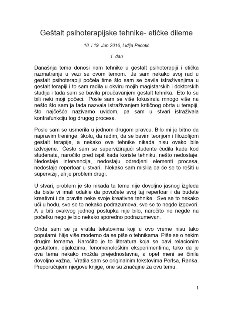 Lidija Pecotic Transkript Predavanja Gestalt Psihoterapijske Tehnike ...