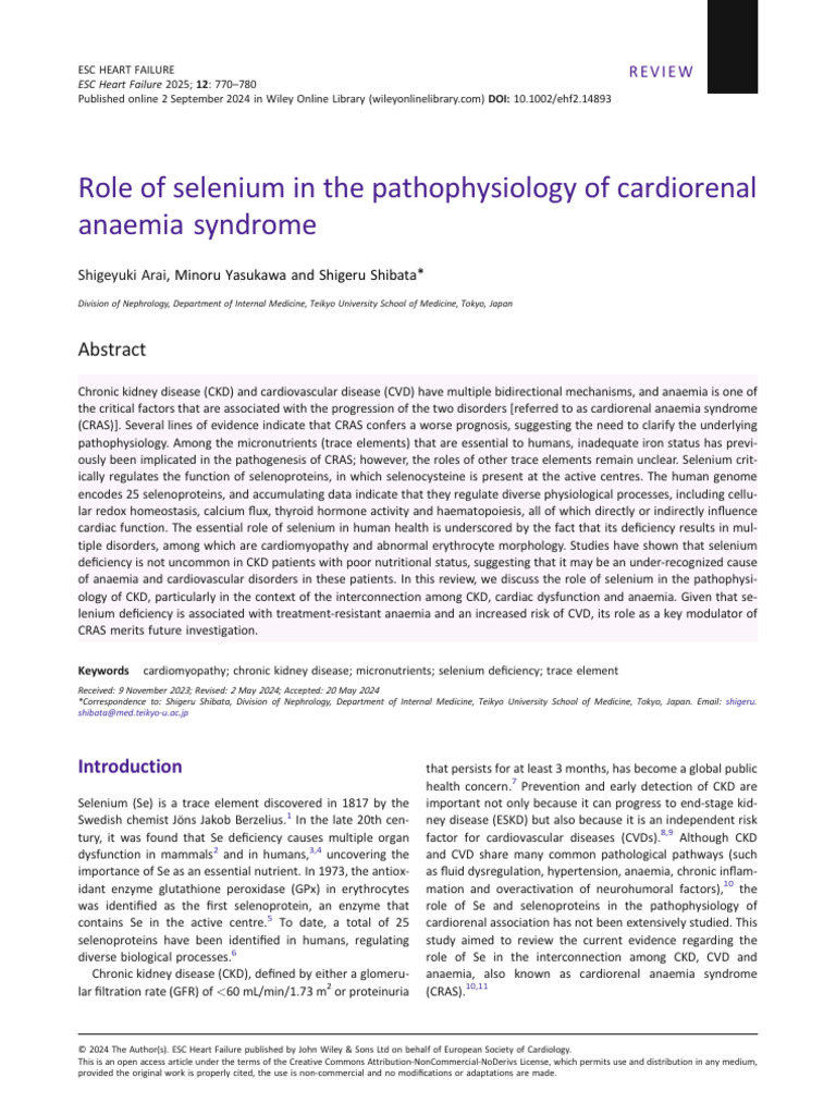 Role of Selenium in The Pathophysiology of Cardiorenal Anaemia Syndrome ...