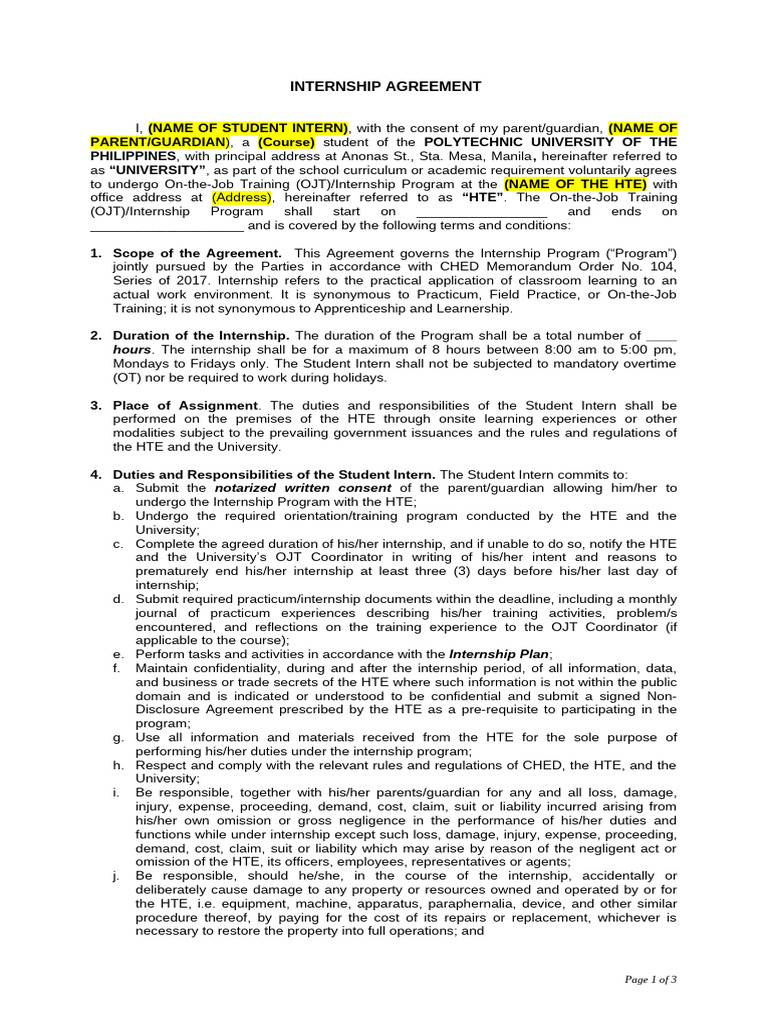 Internship Agreement for Student Interns | PDF | Legal Liability ...