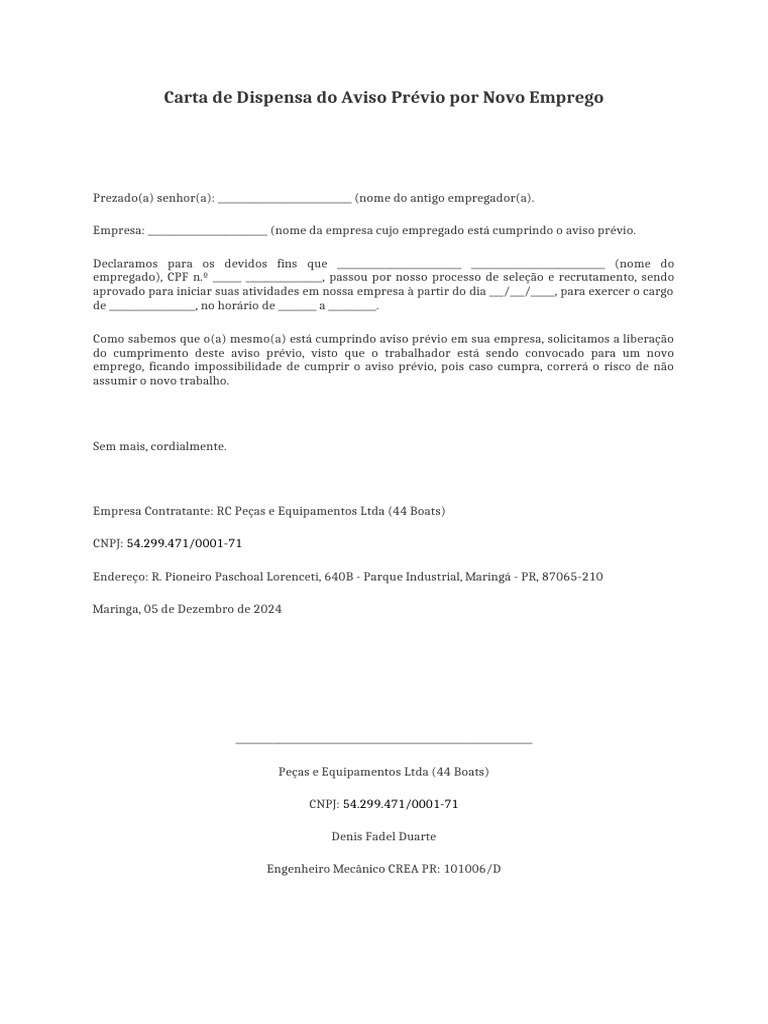 Carta De Dispensa Do Aviso Prévio Por Novo Emprego Pdf