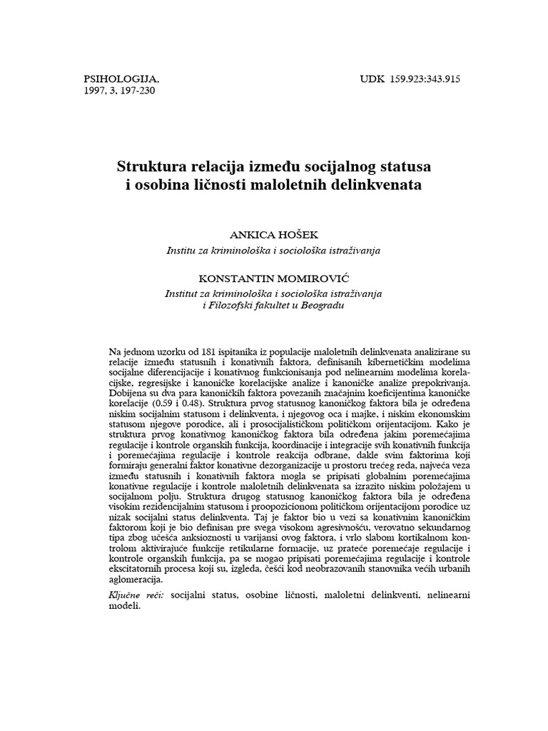 Struktura Relacija Izme U Socijalnog Statusa I Osobina Li Nosti Maloletnih Delinkvenata | PDF