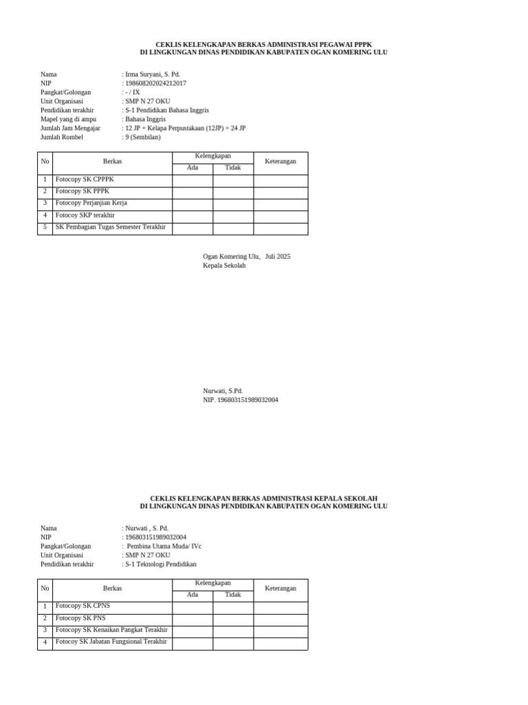 Ceklis Berkas ASN | PDF