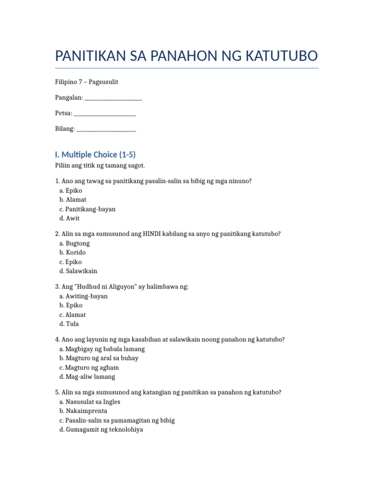 Panitikan Sa Panahon NG Katutubo Quiz | PDF