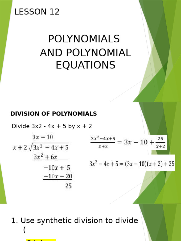LESSON 12 Polynomials and Polynomial Equations. | PDF
