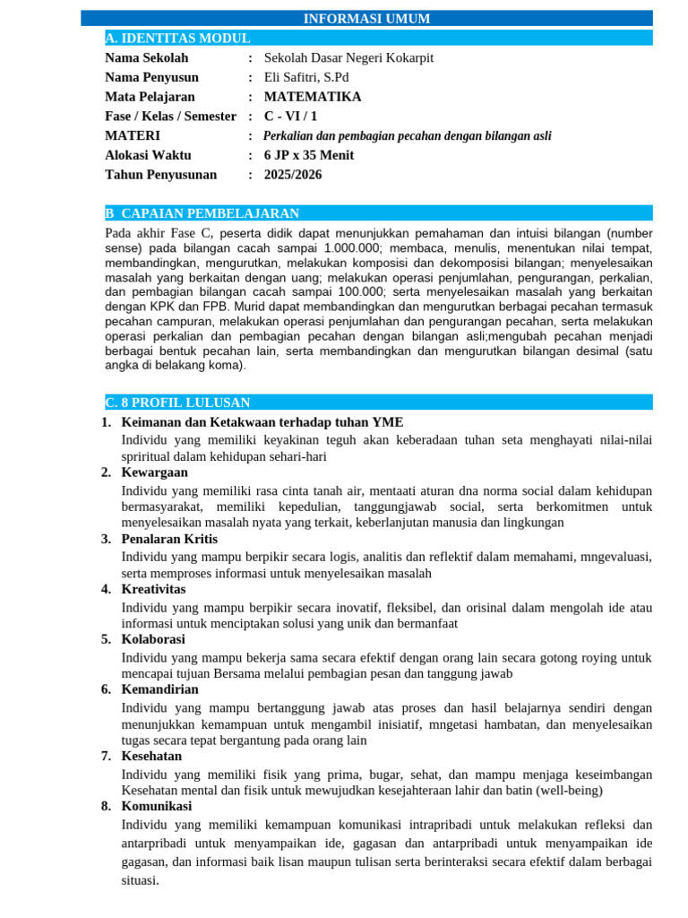 RPP Kls 6 MTK Kumer SMT 1 | PDF