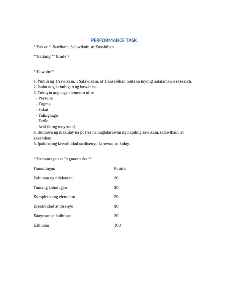 Performance Task Sawikain Salawikain Kasabihan | PDF