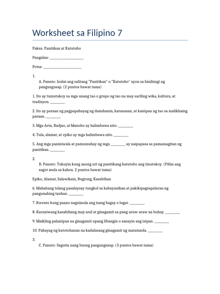 Worksheet Panitikan at Katutubo | PDF