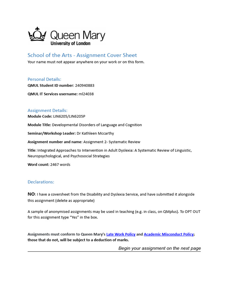 Assignment 2 Systematic Review | PDF | Dyslexia | Behavioural Sciences