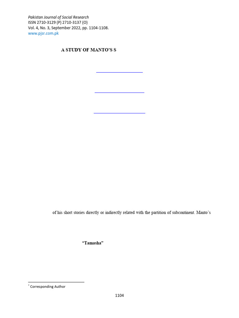 Vol. 4 No. 3 September 2022 Bashir Mustafa Rehman Manto As A Realistic ...