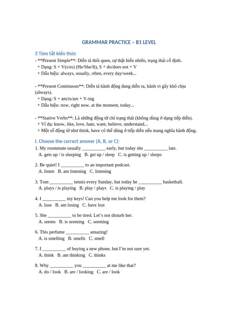 B1 Grammar Practice Overview | PDF | Linguistic Morphology | Grammar