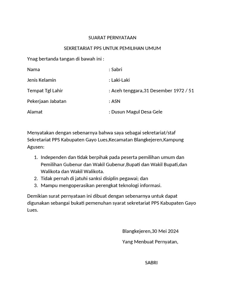 Surat Pernyataan Sekretariat PPS Gayo Lues | PDF