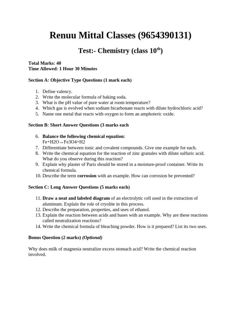 Class 10 Chemistry Test Questions | PDF