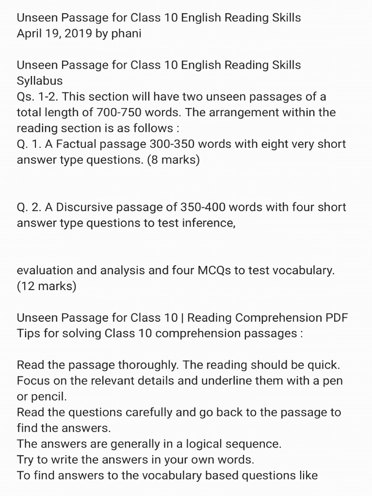 Unseen Passage For Practice Class 10th English | PDF