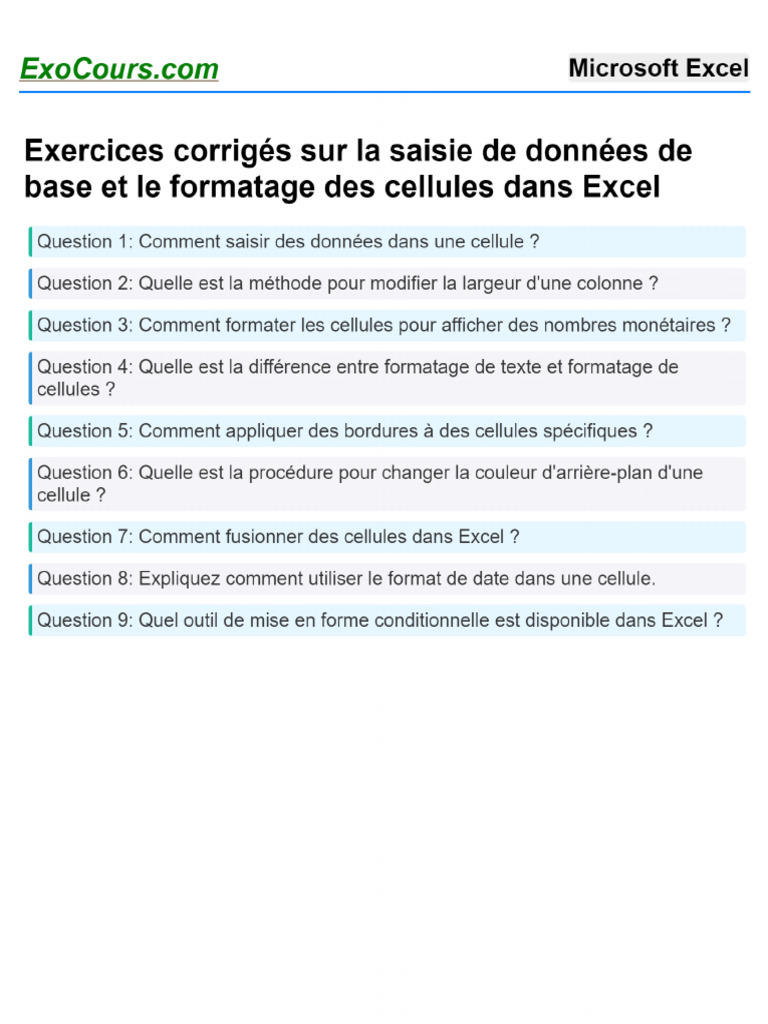 1208 Microsoft Excel Microsoft Excel Basics Exercices Corriges Sur La Saisie de Donnees de Base ...