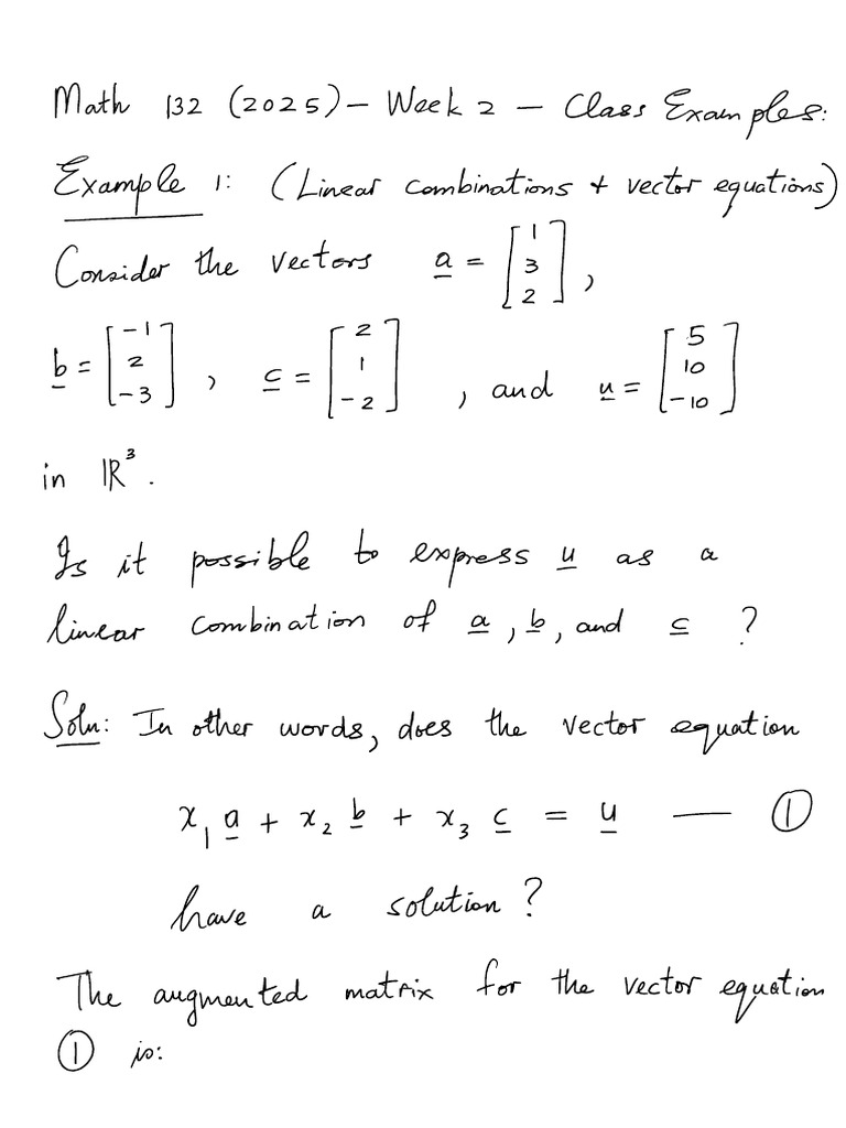 Week 2 - Example 1 - Linear Combinations and Vector Equations | PDF