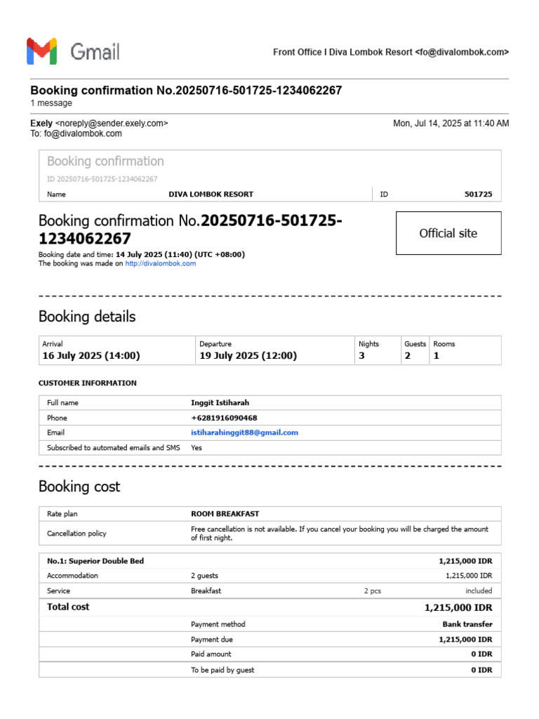 Booking Confirmation No.20250716-501725-1234062267 | PDF | Service ...