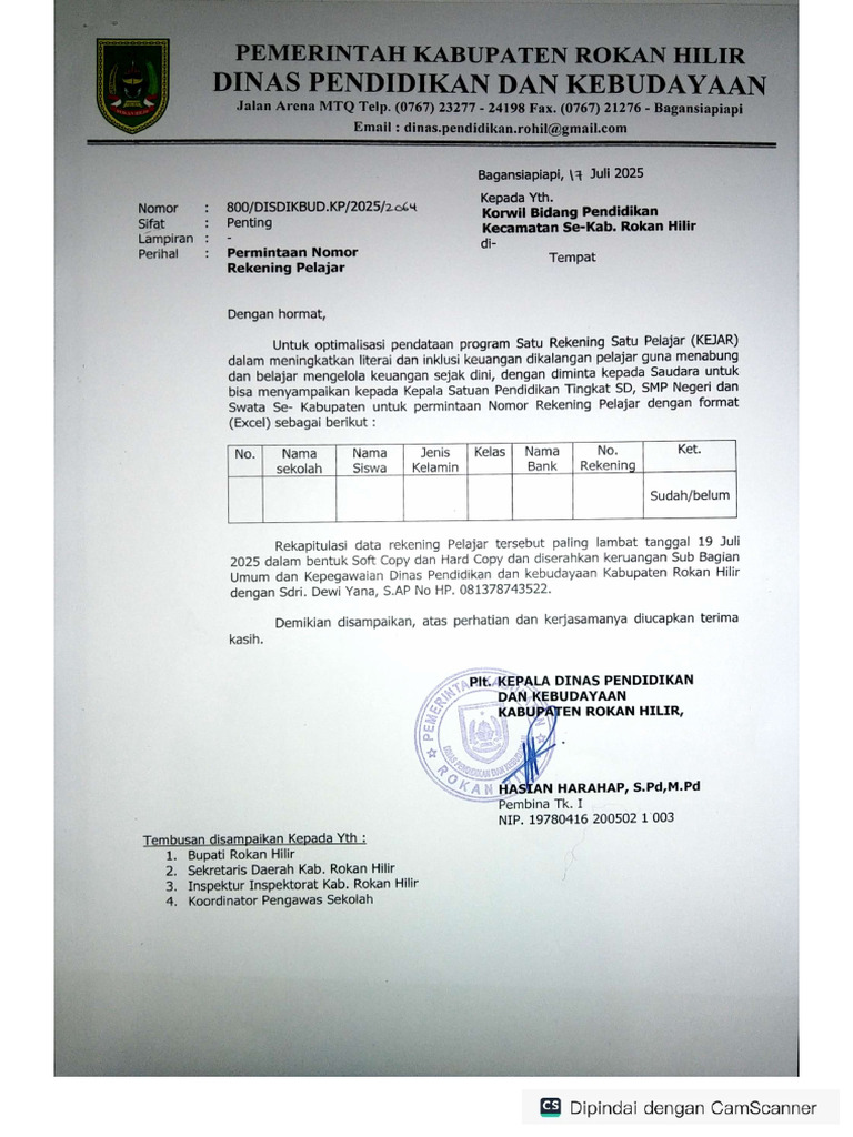 Permintaan Nomor Rekening Pelajar | PDF