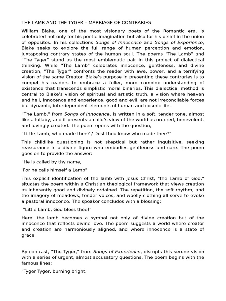 Blake's Lamb and Tyger: Contraries Explained | PDF | William Blake ...