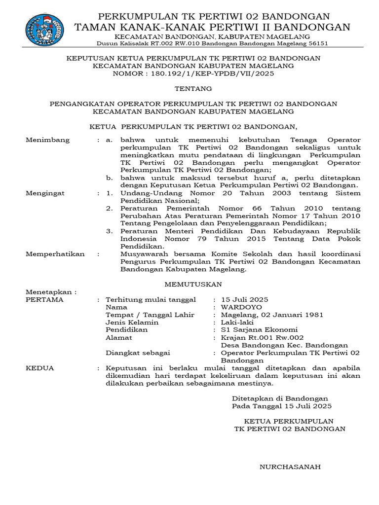 Pengangkatan Operator TK Pertiwi 02 Bandongan | PDF