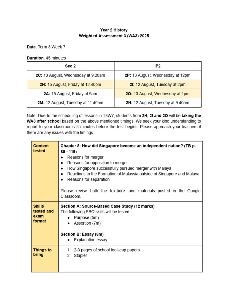 Y2 History WA3 2025 Information Sheet | PDF