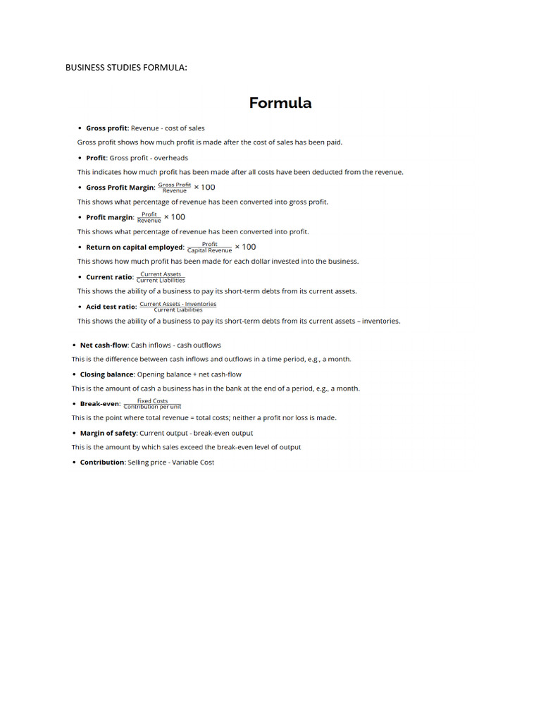 Business Studies Formula | PDF
