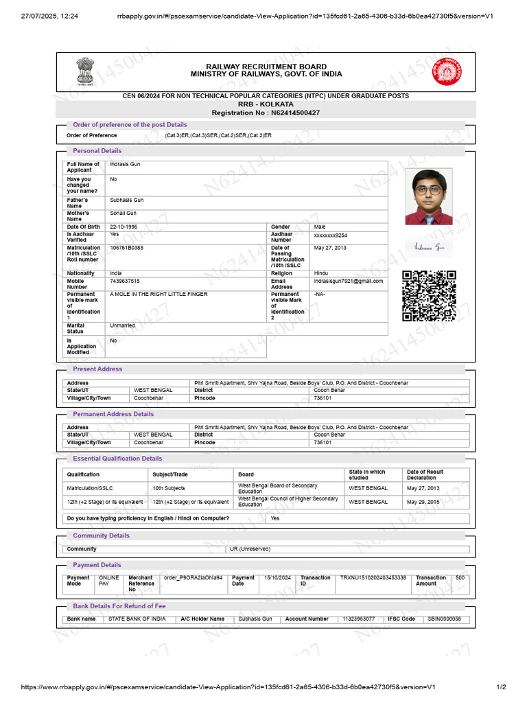 RRB Kolkata NTPC Application Details | PDF