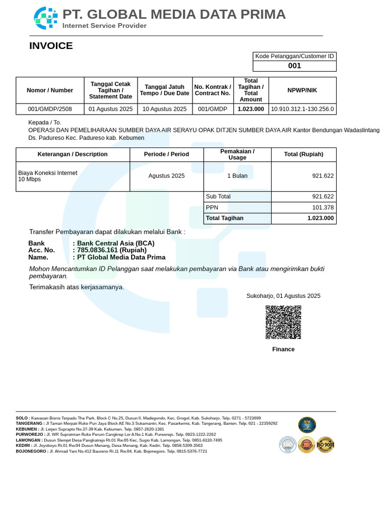 Invoice Layanan Internet Agustus 2025 | PDF