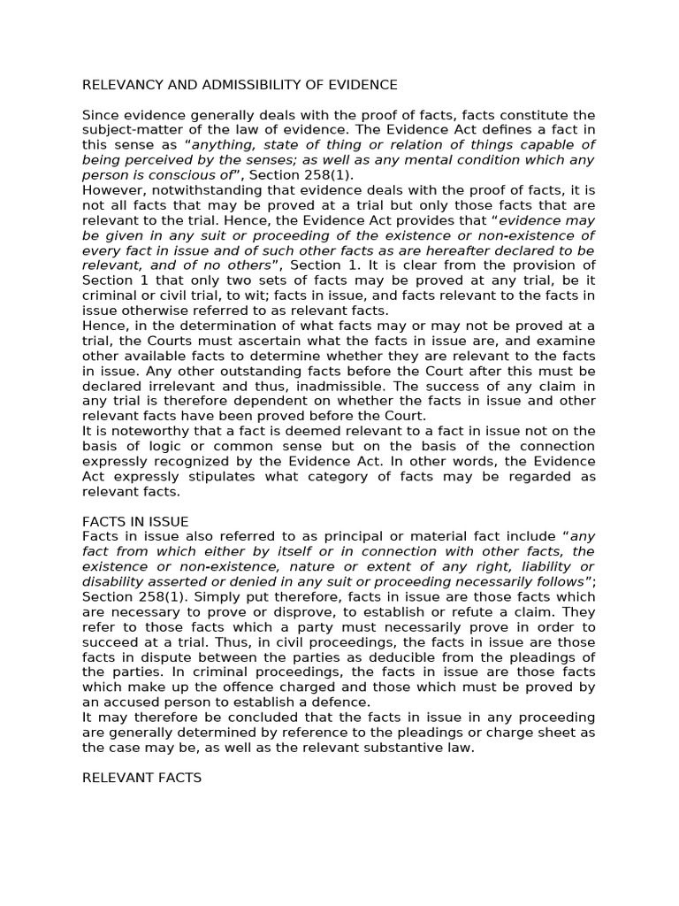 Relevancy and Admissibility of Evidence | PDF | Evidence (Law) | Legal ...