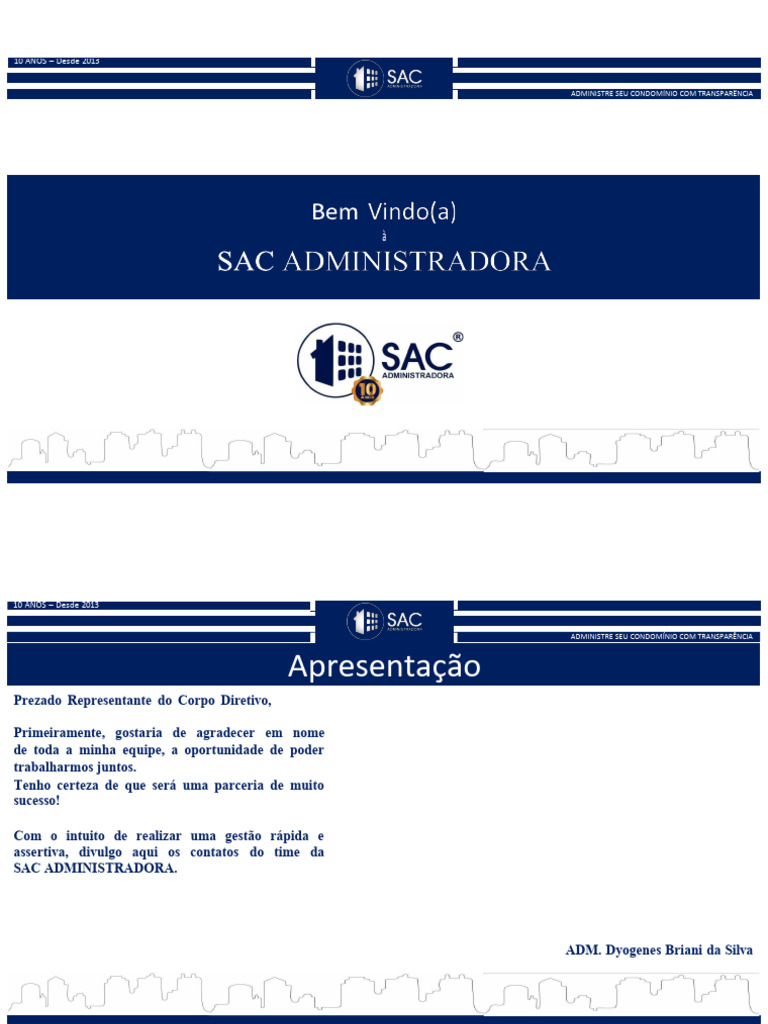 Sac Administradora - Boas-Vindas e Corpo Diretivo | PDF | Condomínio
