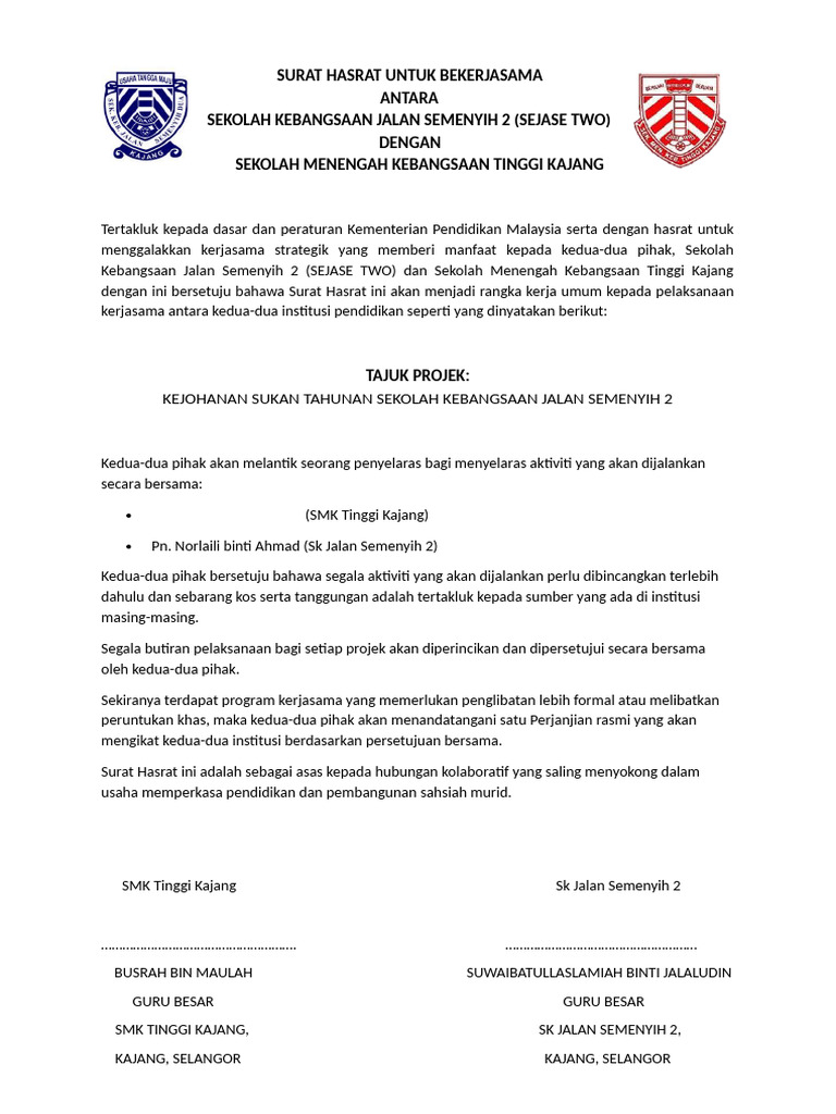 Surat Hasrat Untuk Bekerjasama Sukan Tahunan | PDF