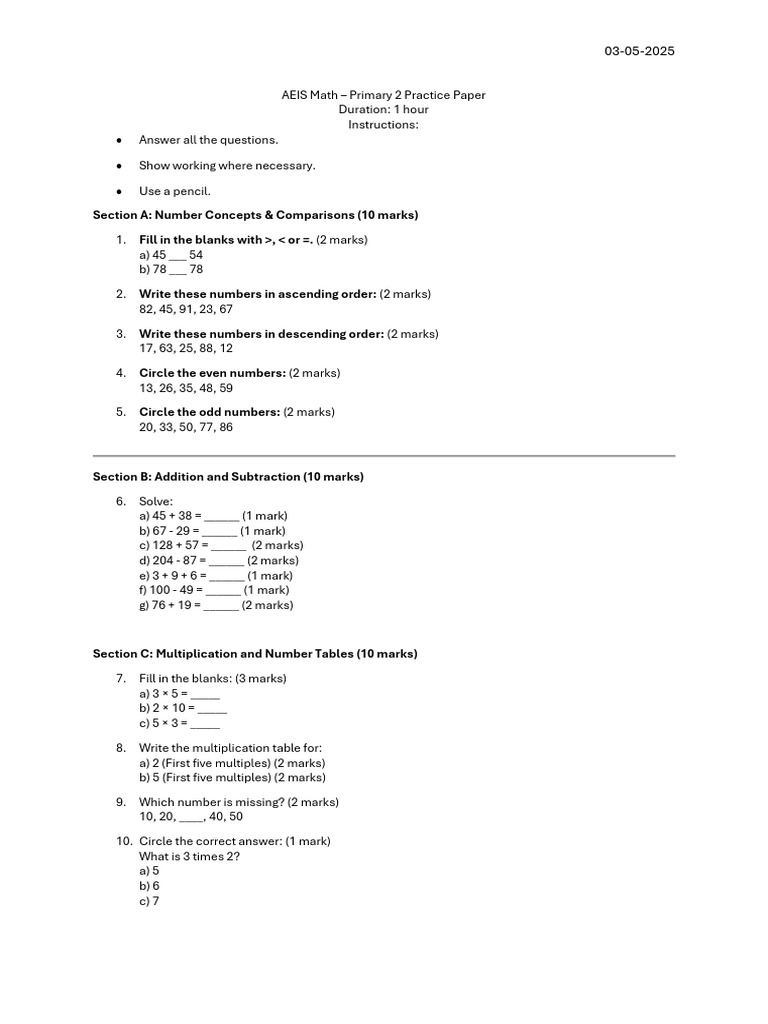 Aeis Worksheet Numbers | PDF