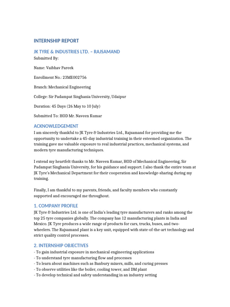 JK Tyre Internship Report Vaibhav Pareek Final | PDF | Industrial Processes | Applied And ...