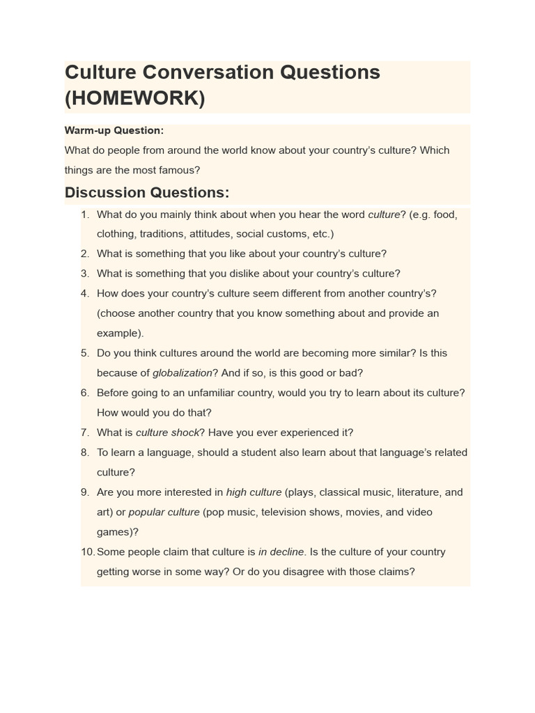 Engaging Culture Conversation Questions | PDF