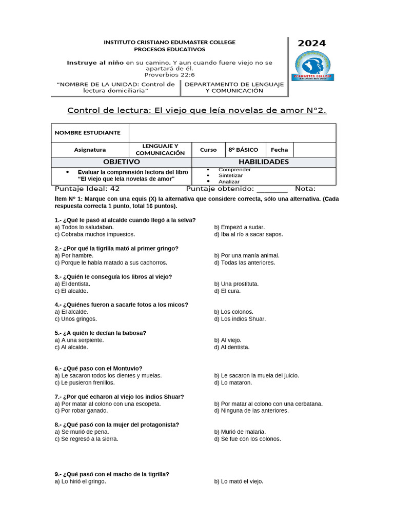 Prueba El Viejo Que Leía Novelas de Amor 8vo N2 | PDF