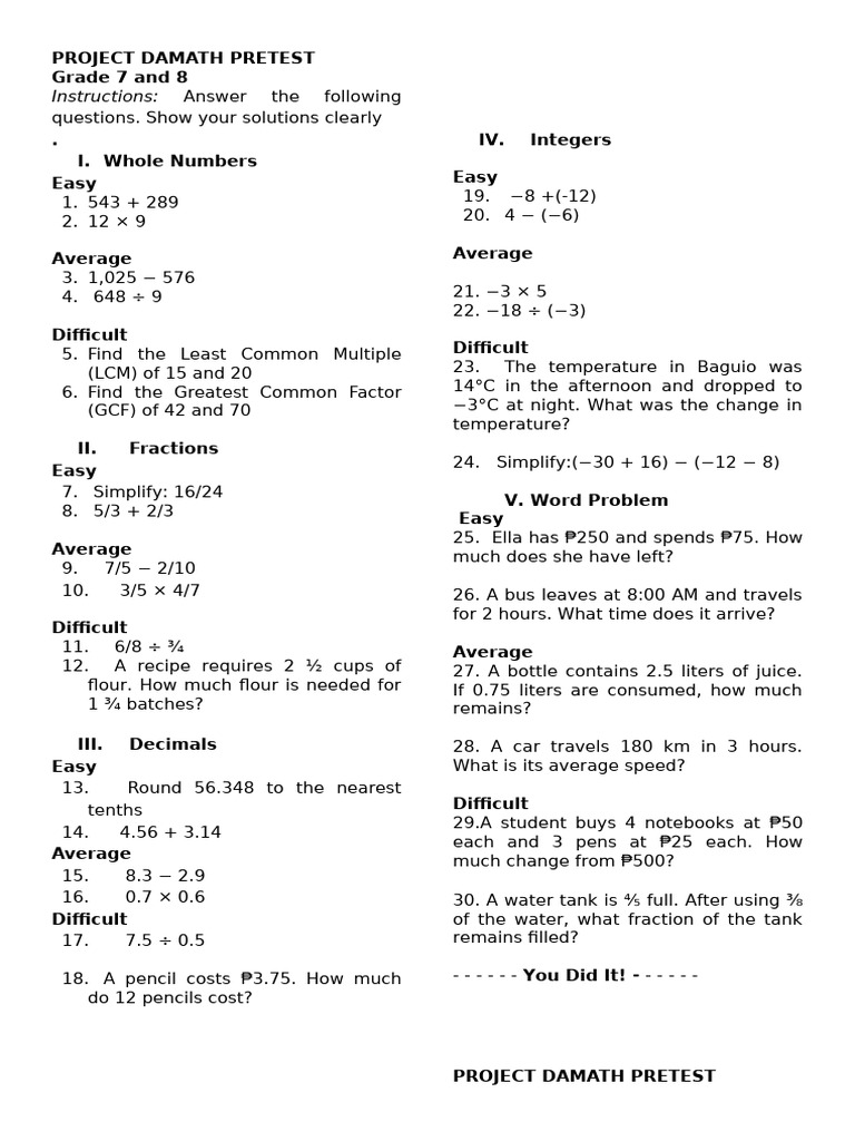 Project Damath Pretest Grade 7 12 | PDF | Numbers | Mathematics