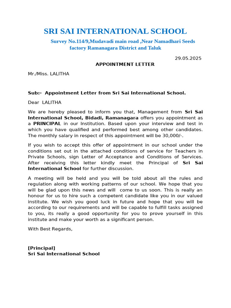 Appointment Letter for Principal Position | PDF