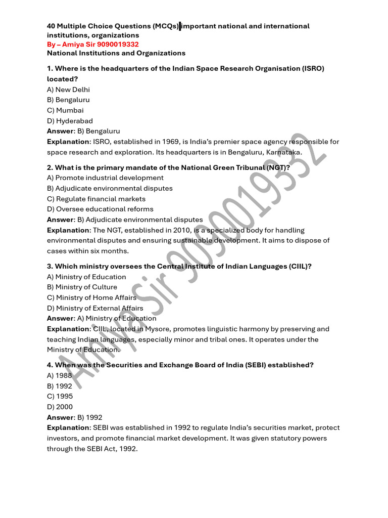40 MCQs on Key National & Intl. Institutions | PDF | Global Politics ...