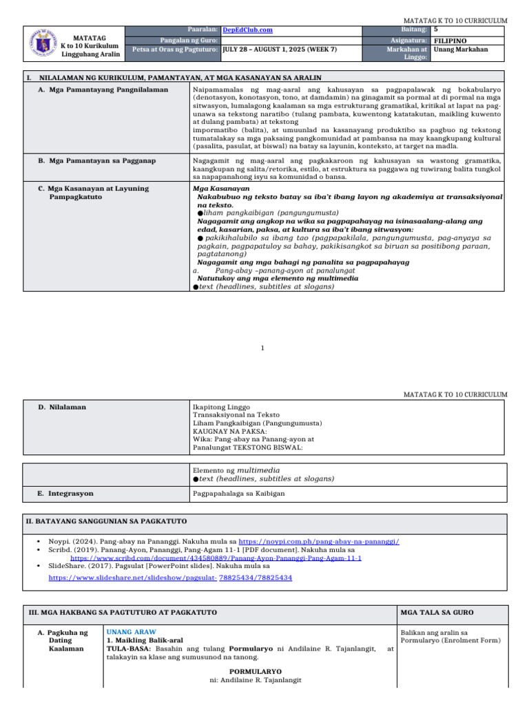 DLL Matatag - Filipino 5 q1 w7 | PDF