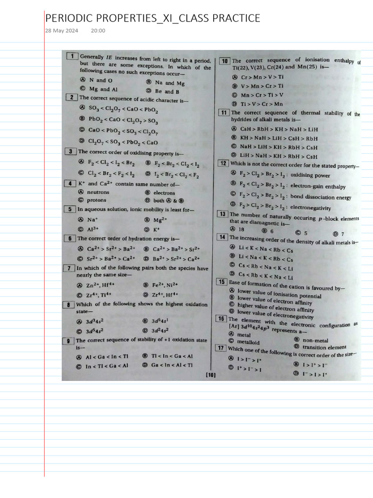 Periodic Properties Xi Class Practice | PDF