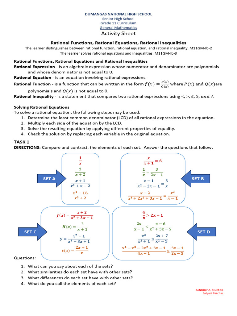 Activity Sheet-Distinguishes Between Rational Function, Rational ...