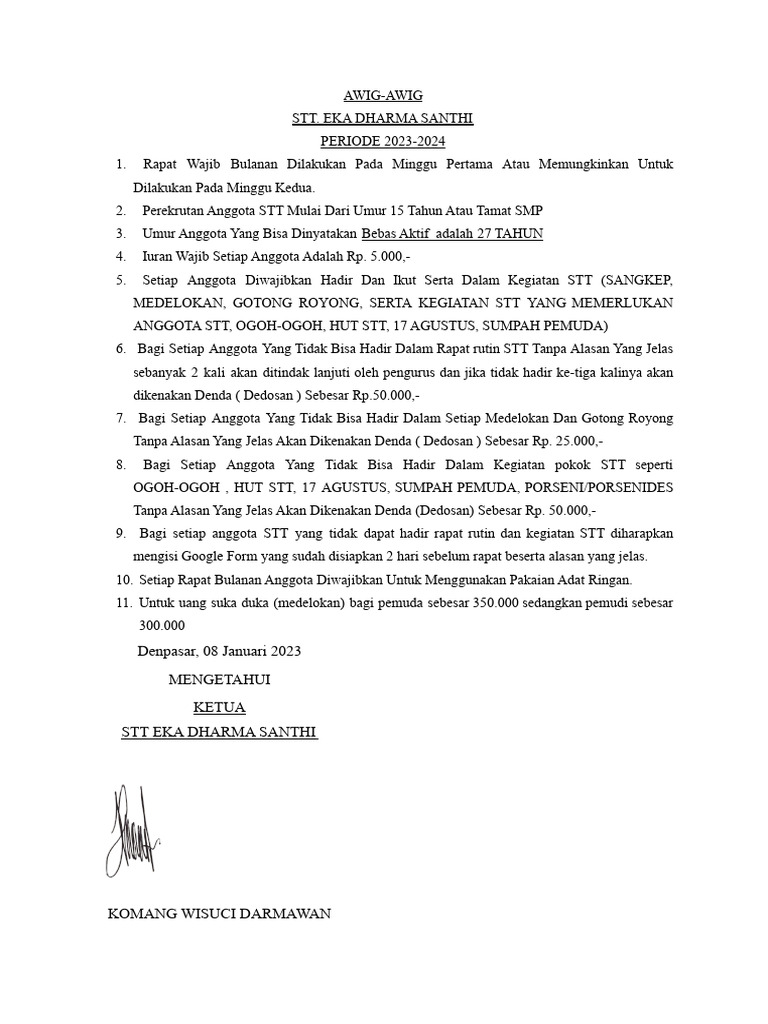 Awig-Awig STT Eka Dharma Santhi Periode 2023-2024 | PDF