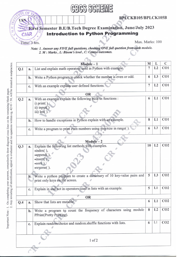 VTU Question Paper of BPLCK105B Introduction To Python Programming June-July-2023 | PDF