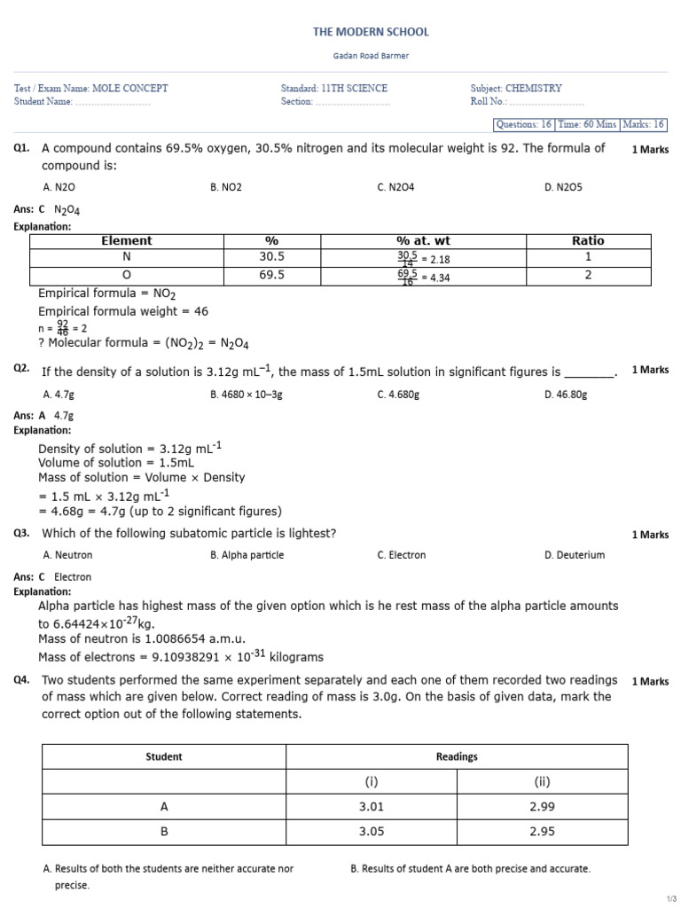 Mole Concept 11th Science Chemistry Answersheet | PDF | Mole (Unit) | Gases