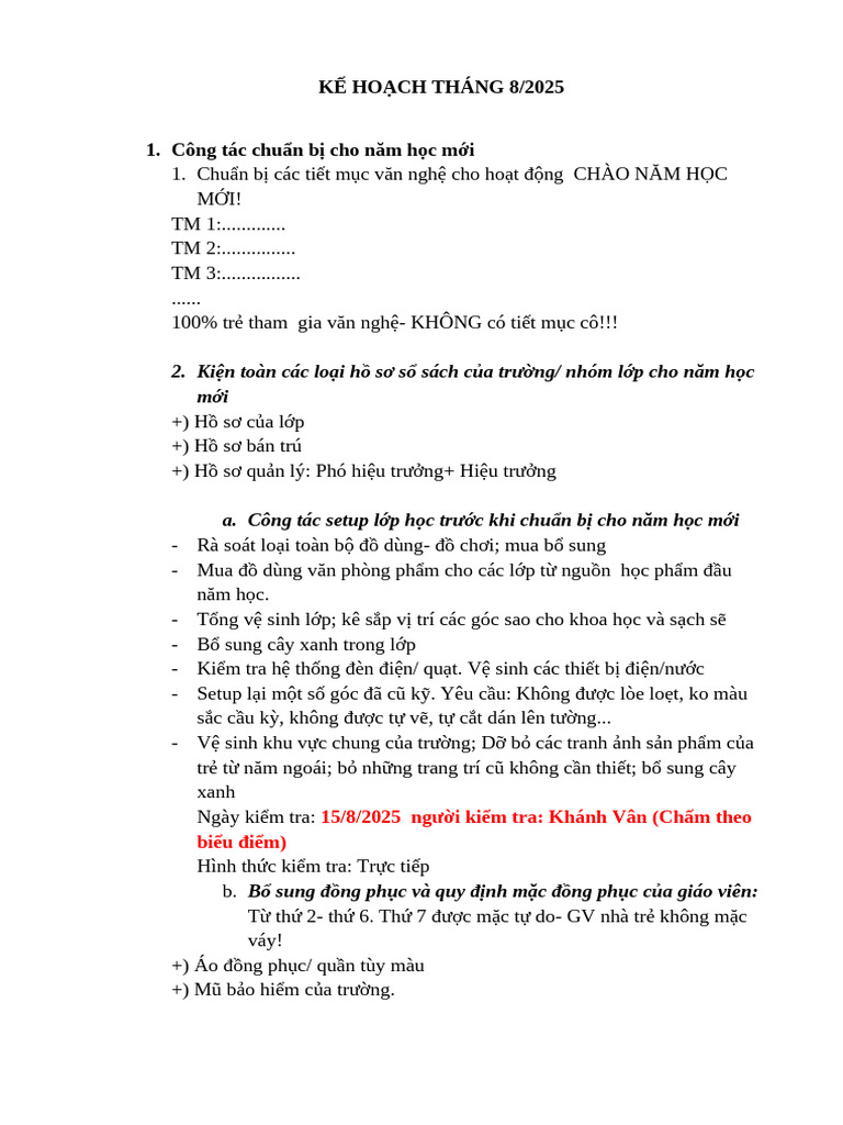 KẾ HOẠCH THÁNG 8 N2 | PDF
