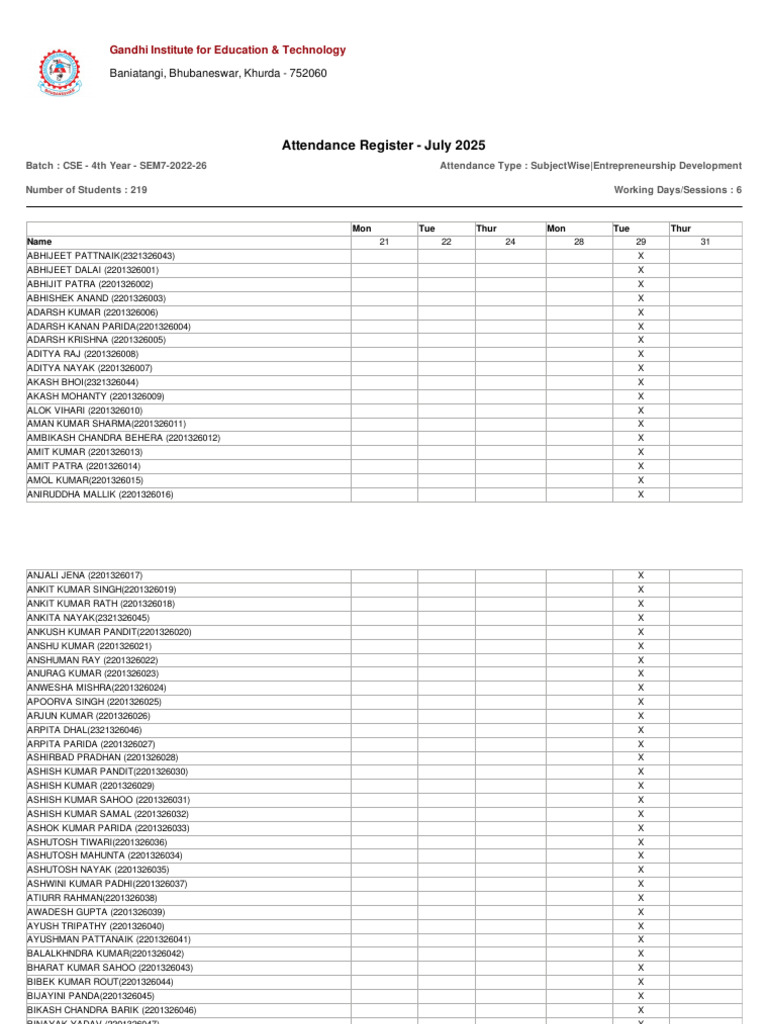 CSE 4th Year Attendance Register - July 2025 | PDF