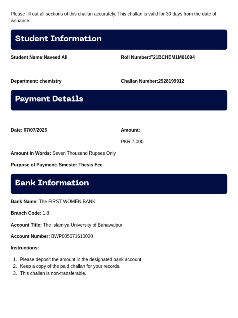 University Paid Challan | PDF
